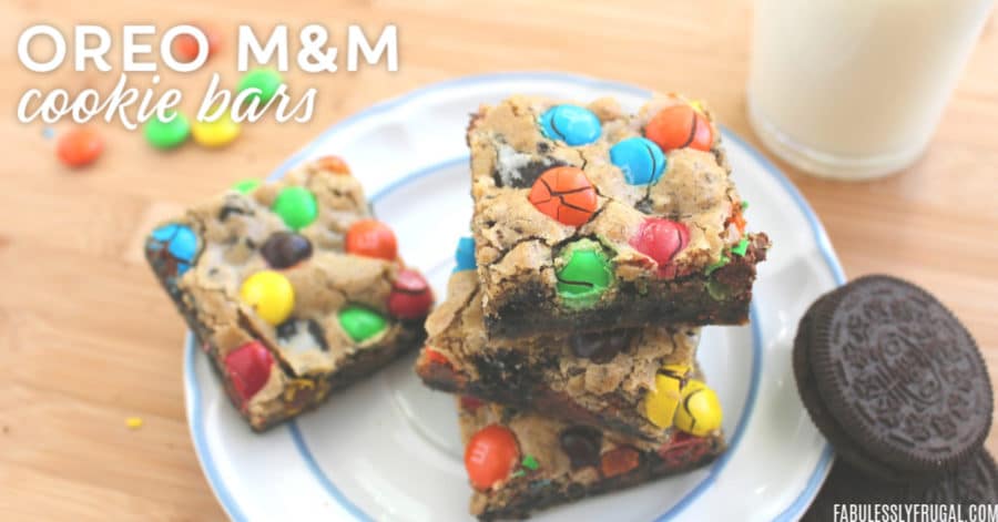 Loaded Oreo M&M Cookie Bars Recipe - Fabulessly Frugal