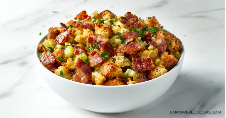 The Best Bacon Cornbread Stuffing with Crispy Bacon & Sage - Fabulessly ...